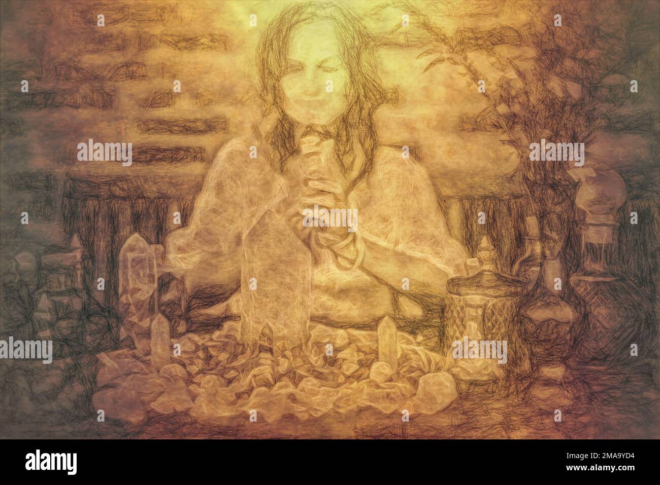 beautiful altar with crystals and rose flowers and drawing effect Stock ...
