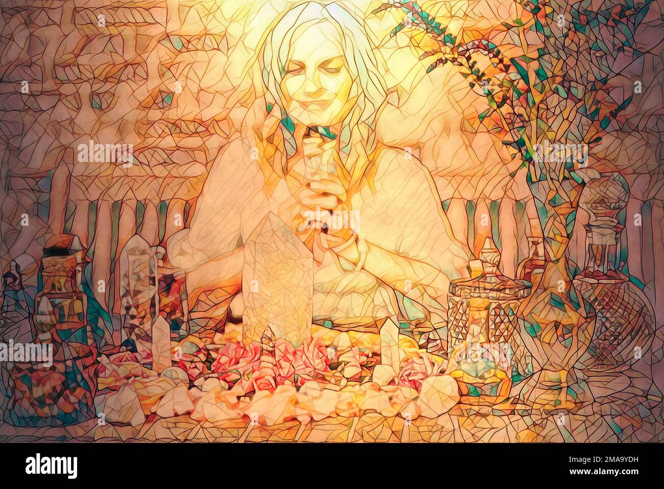 beautiful altar with crystals and rose flowers. Painting effect Stock ...