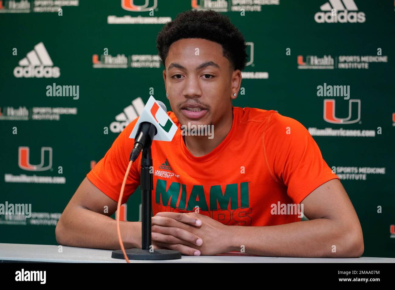 Miami guard Nijel Pack speaks during the school's NCAA college ...