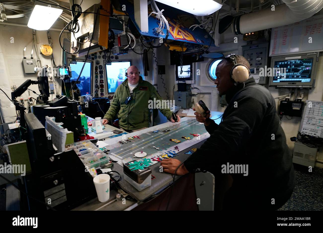 Air control officers work in the control room aboard the nuclear ...