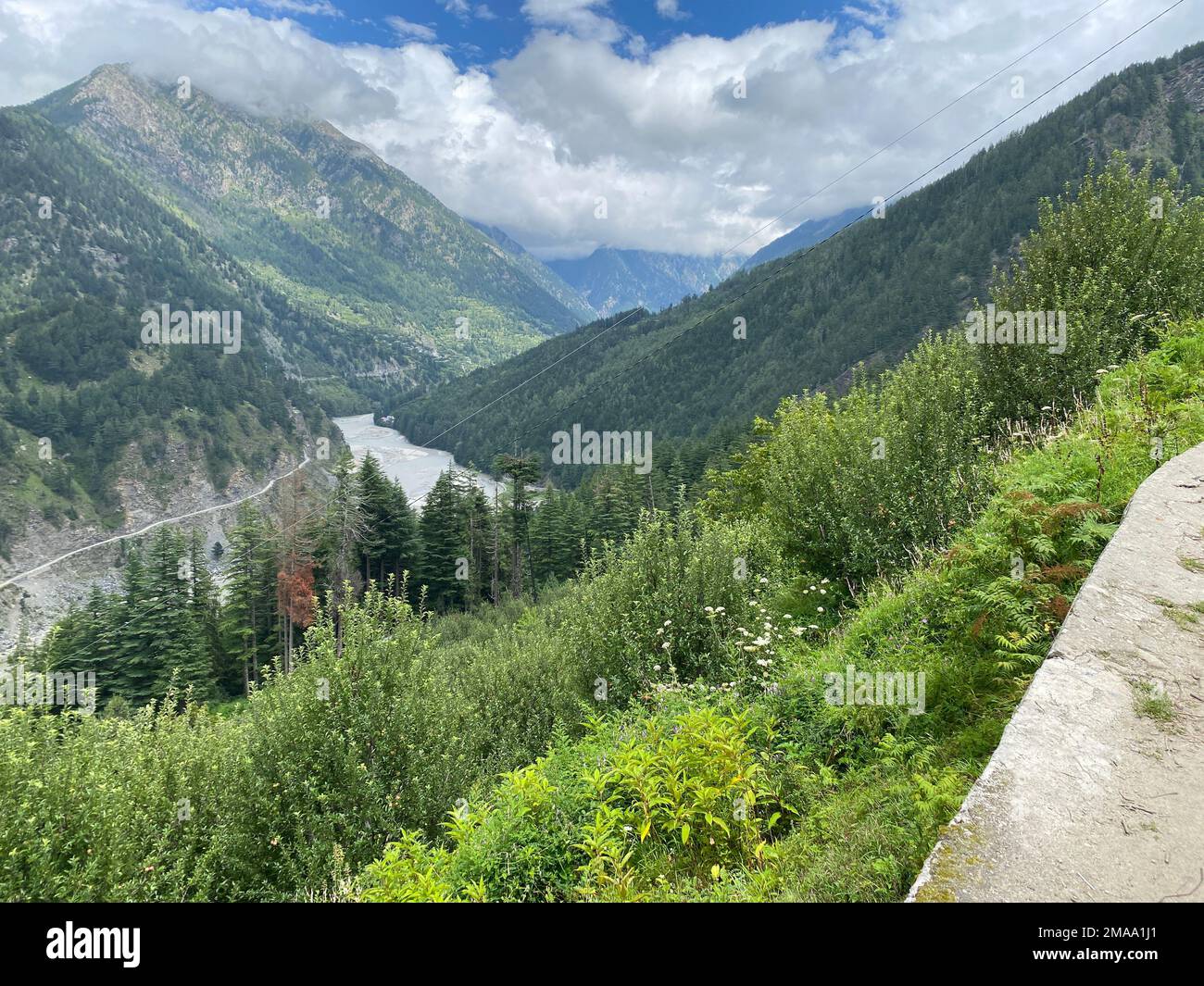 A green landscape view with mountains and river surrounded by ...