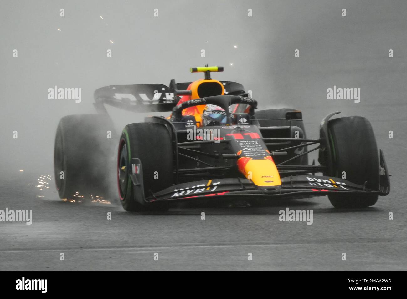 Red Bull driver Sergio Perez of Mexico powers his car during second practice session for the ...