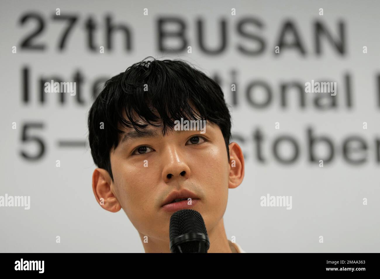South Korean actor Kang Hyung-seok speaks during a press conference to promote his movie ...
