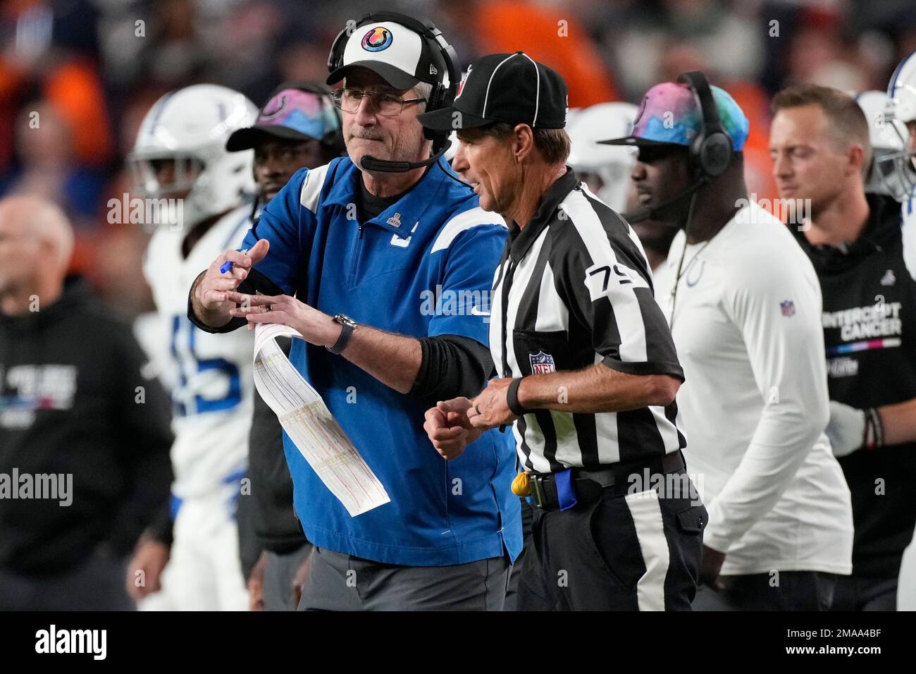 Indianapolis Colts head coach Frank Reich talks with a referee during ...