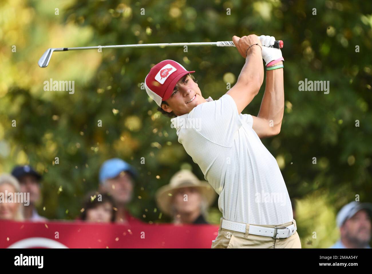Arkansas golfer Manuel Lozada on the 13th tee during an NCAA golf ...