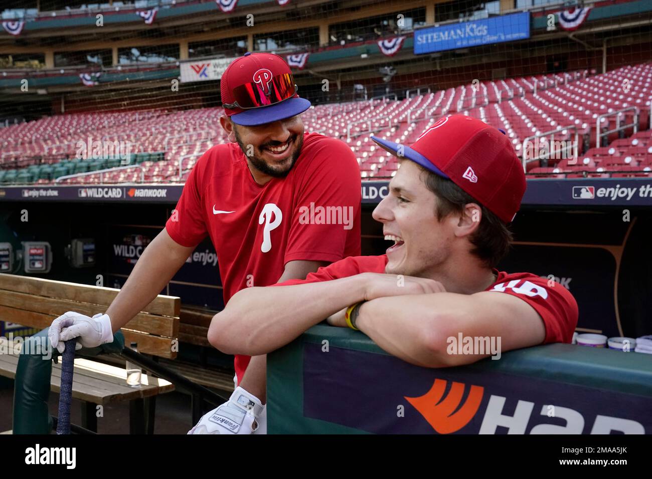 Philadelphia Phillies' Darick Hall, left, talks with teammate Nick ...