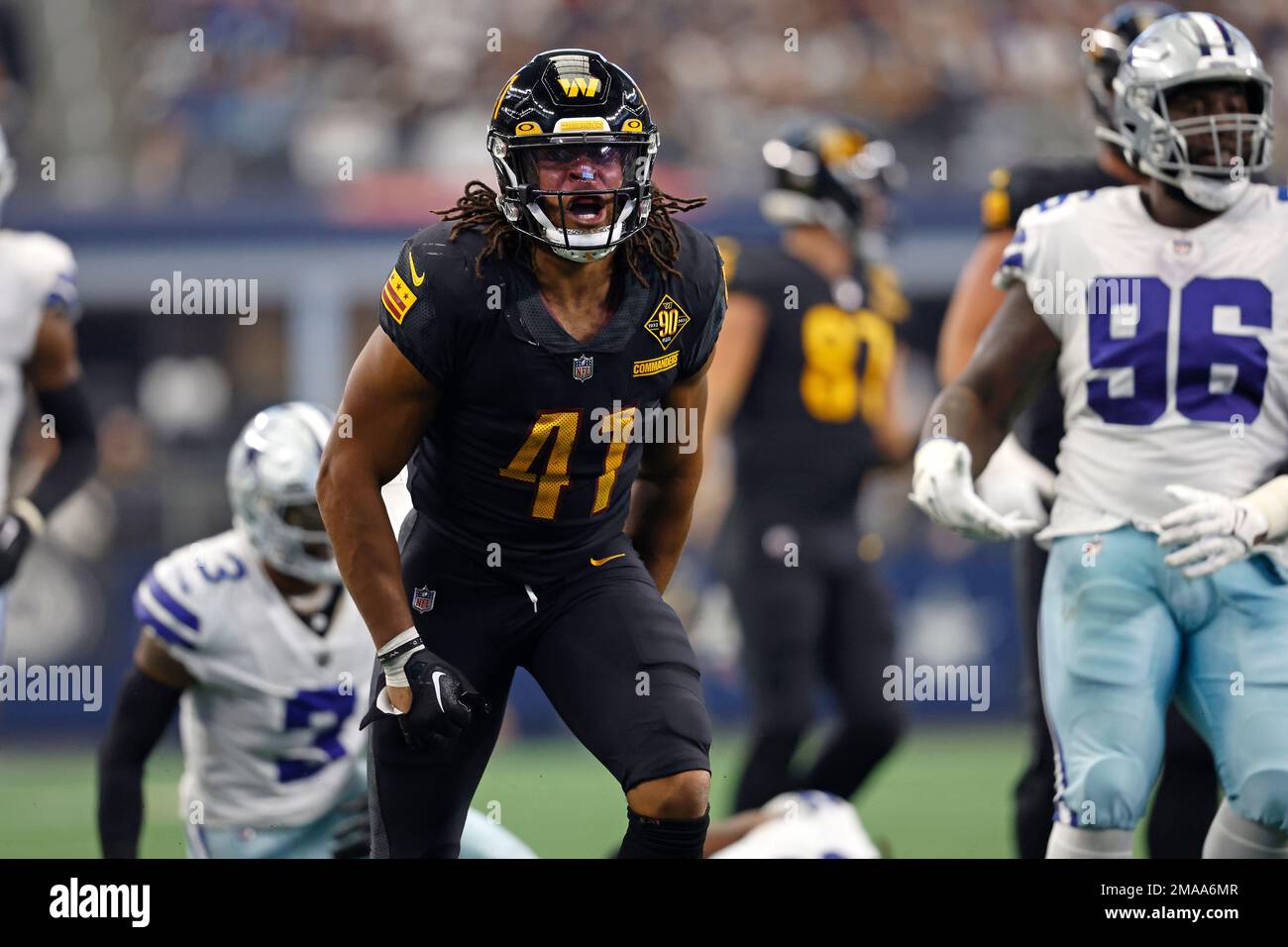 Washington Commanders running back Jonathan Williams (41) reacts to a ...