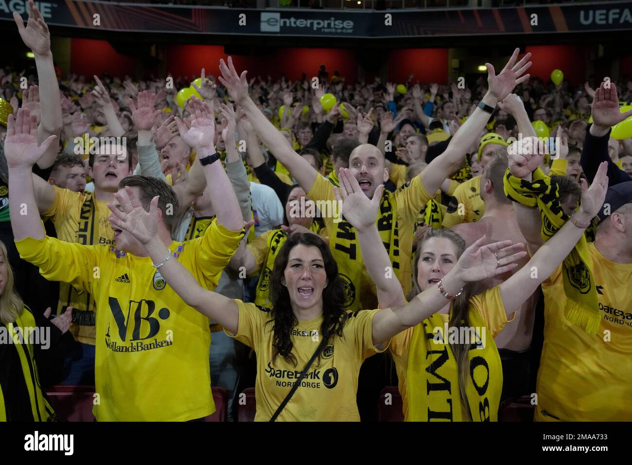Fans of Bodo/Glimt sing before the Europa League group A soccer match ...