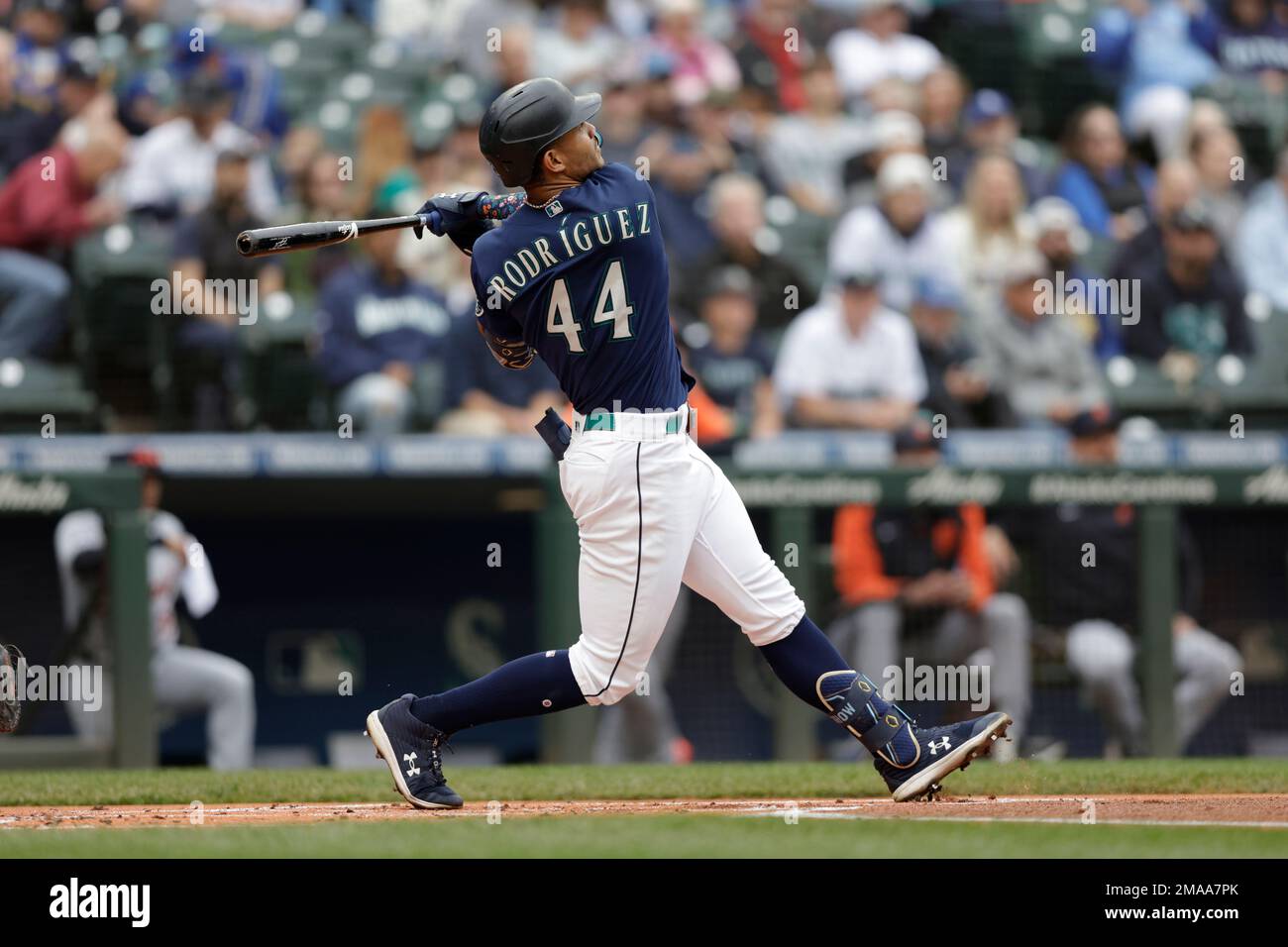 Seattle Mariners' Julio Rodriguez swings through after hitting a solo ...