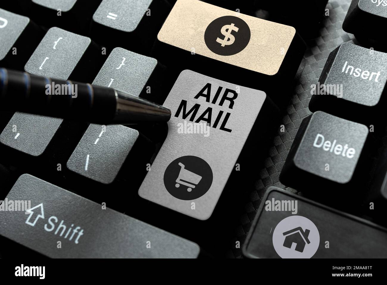 Conceptual caption Air Mail. Internet Concept the bags of letters and ...