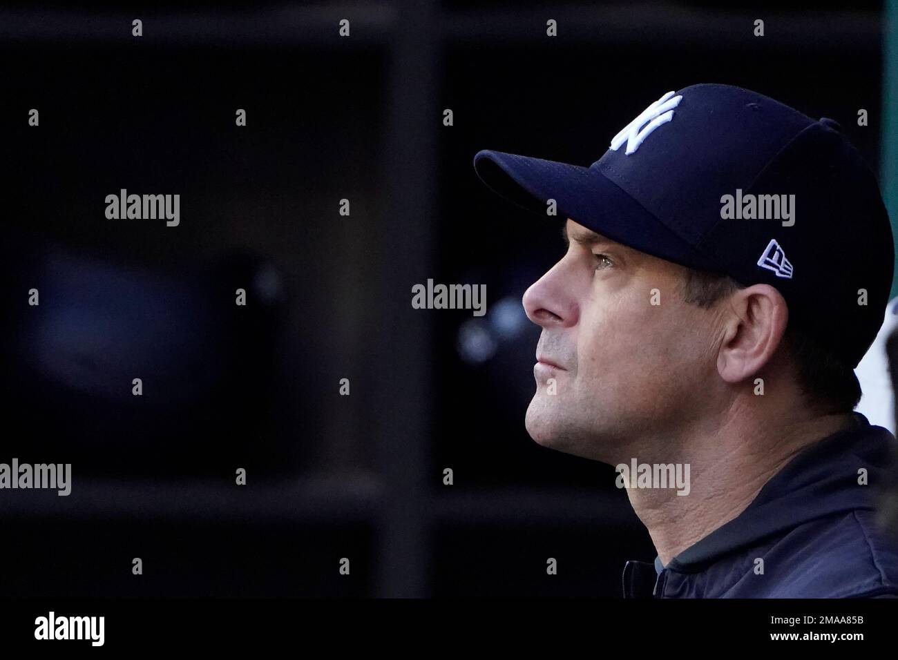 New York Yankees manager Aaron Boone stands in the dugout before a ...