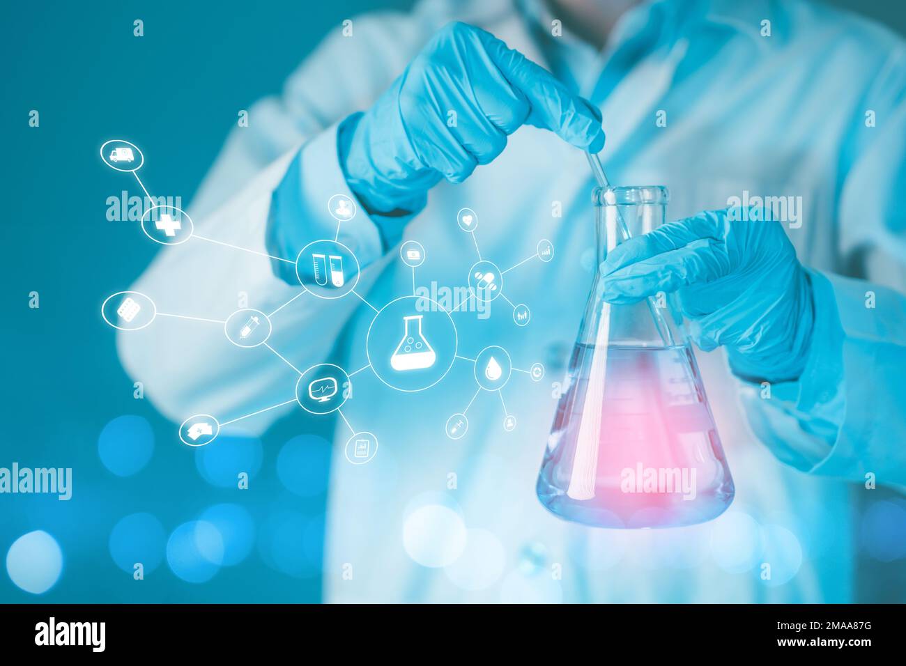 Healthcare and science technology. Scientist hand hold erlenmeyer flask ...