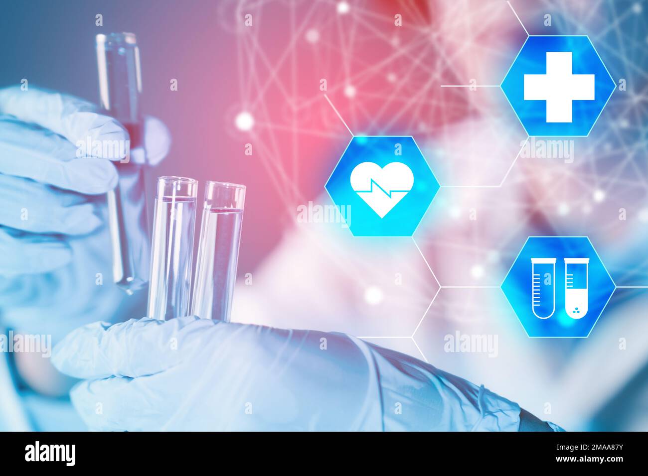 Healthcare and science technology. Scientist hand hold test tubes ...
