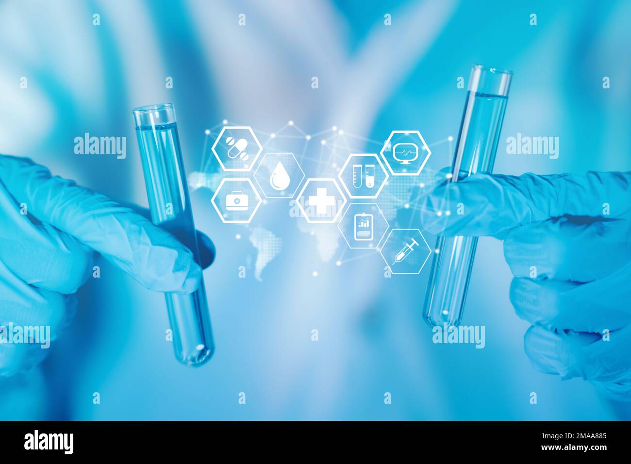 Healthcare and science technology. Scientist hand hold test tubes ...