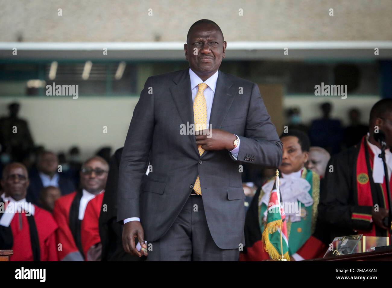 Kenya's new president William Ruto arrives to be sworn in to office at a ceremony held at ...