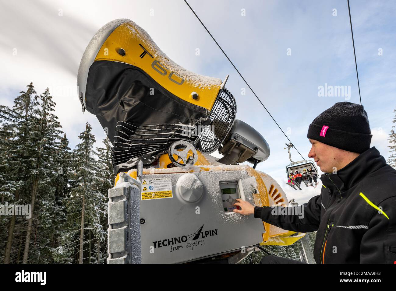 Snow cannon in ski areal in Destne in Orlicke Mountains, Czech Republic ...