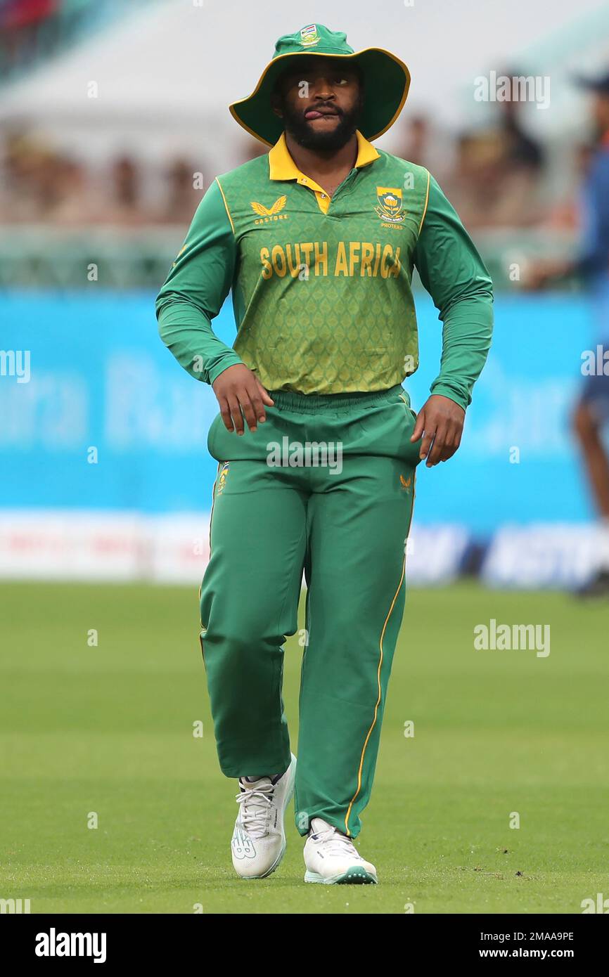 South Africa's captain Temba Bavuma walks into the field for toss ahead ...