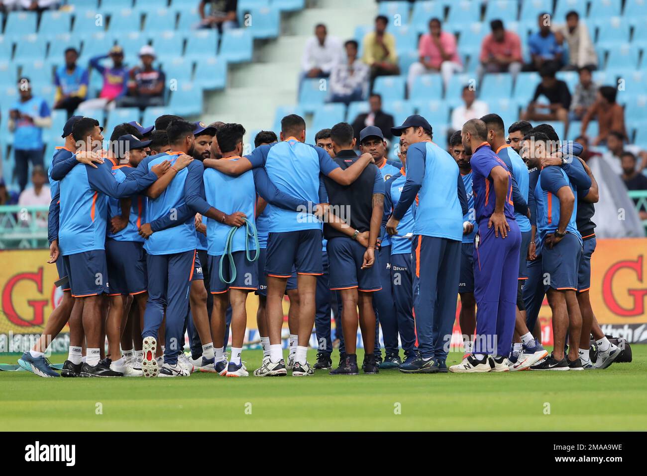 Indian players huddle before the start of the first one day ...