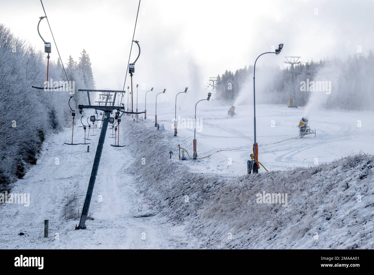 Snow cannon in ski areal in Destne in Orlicke Mountains, Czech Republic ...