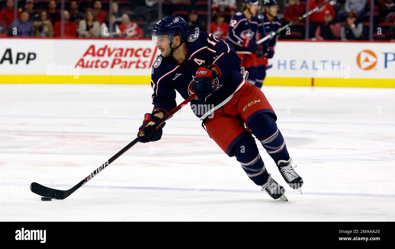 Columbus Blue Jackets Justin Danforth (17) moves the puck up the ice ...