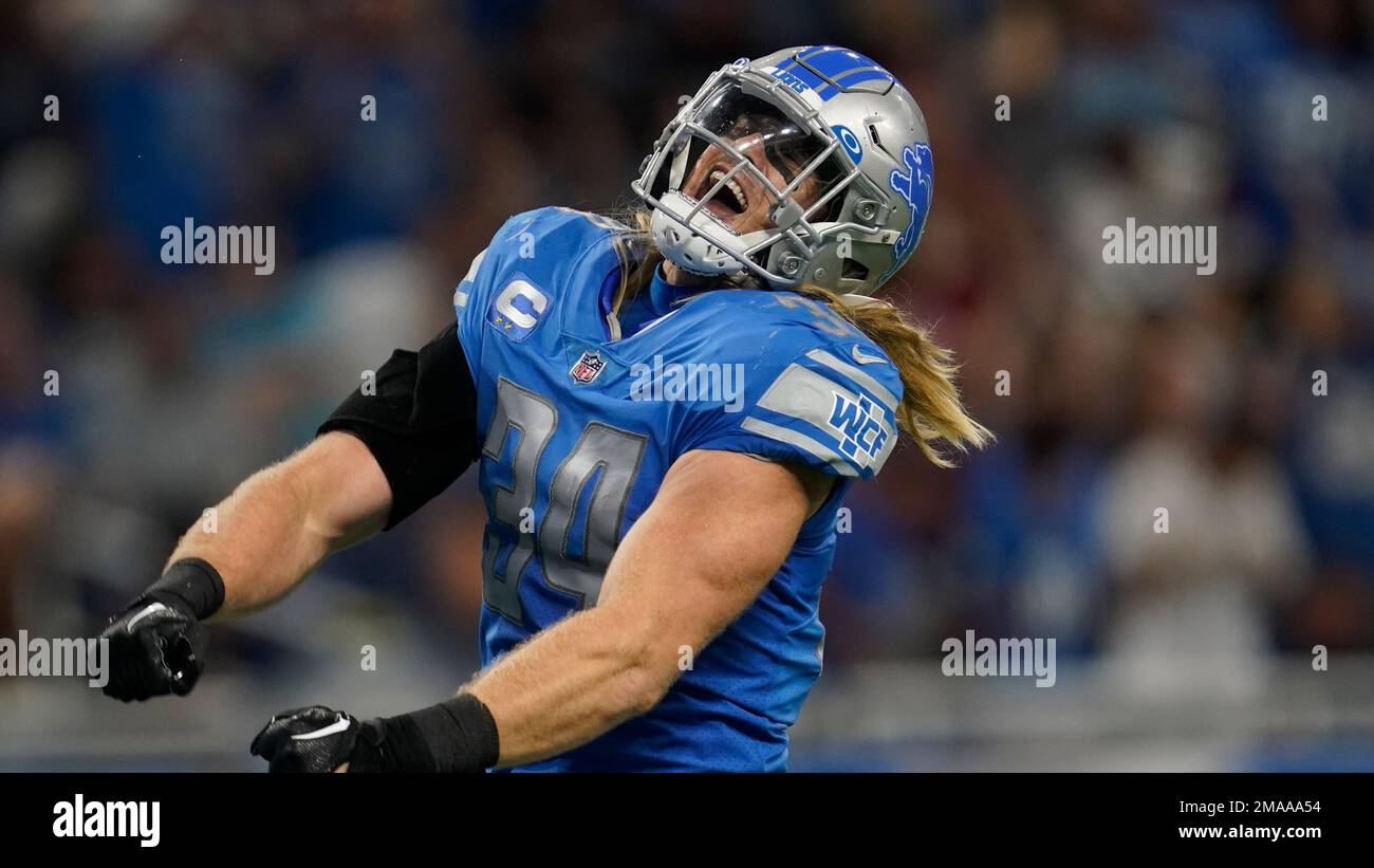 Detroit Lions linebacker Alex Anzalone celebrates a stop against the ...