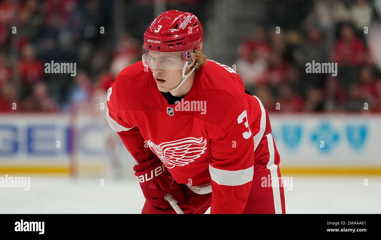 Detroit Red Wings defenseman Simon Edvinsson plays against the ...