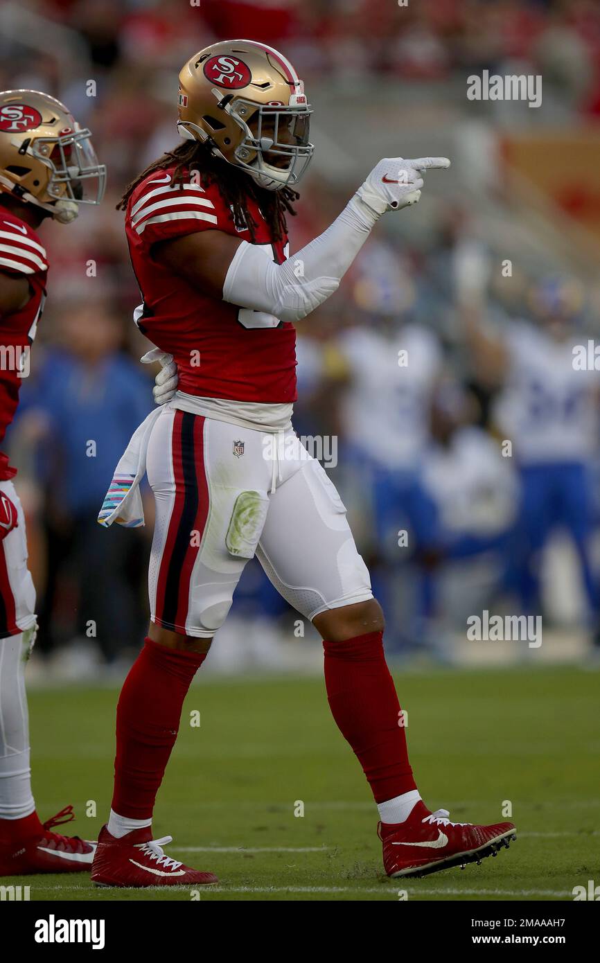 San Francisco 49ers linebacker Fred Warner (54) reacts after a play ...