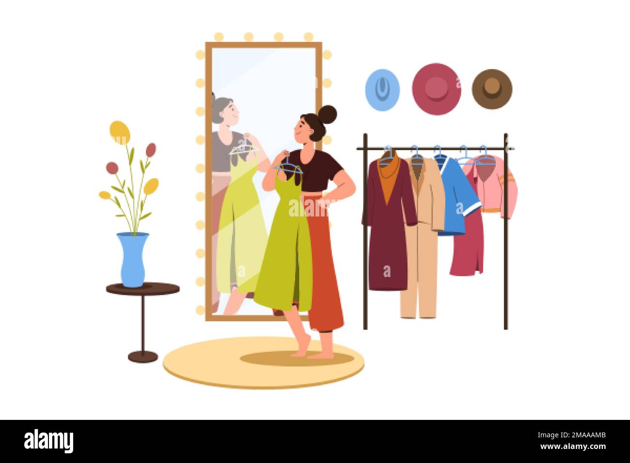 Flat girl in wardrobe stand in front of big illuminated mirror and ...