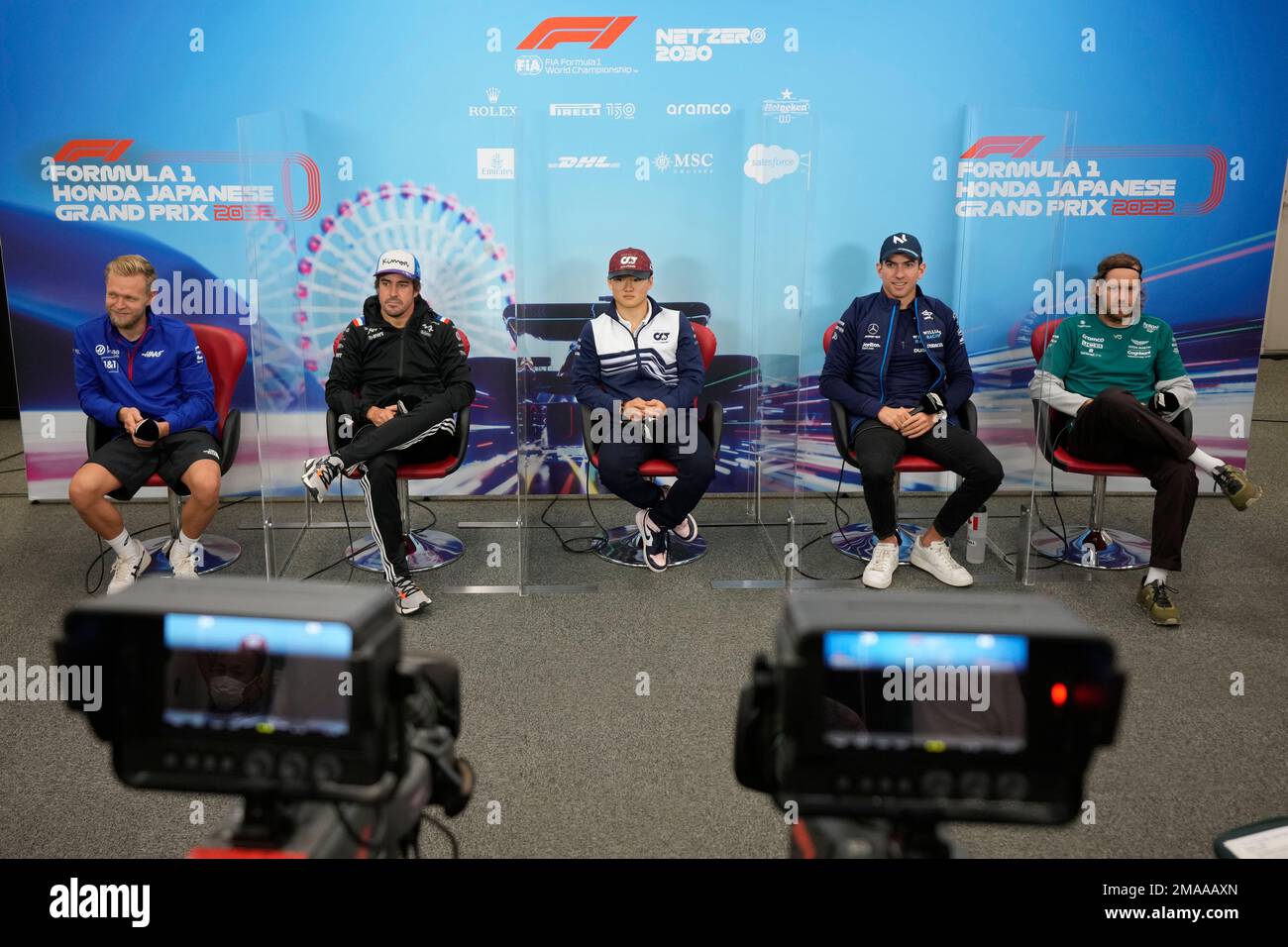 F1 drivers attend a news conference, ahead of the Japanese Formula One ...