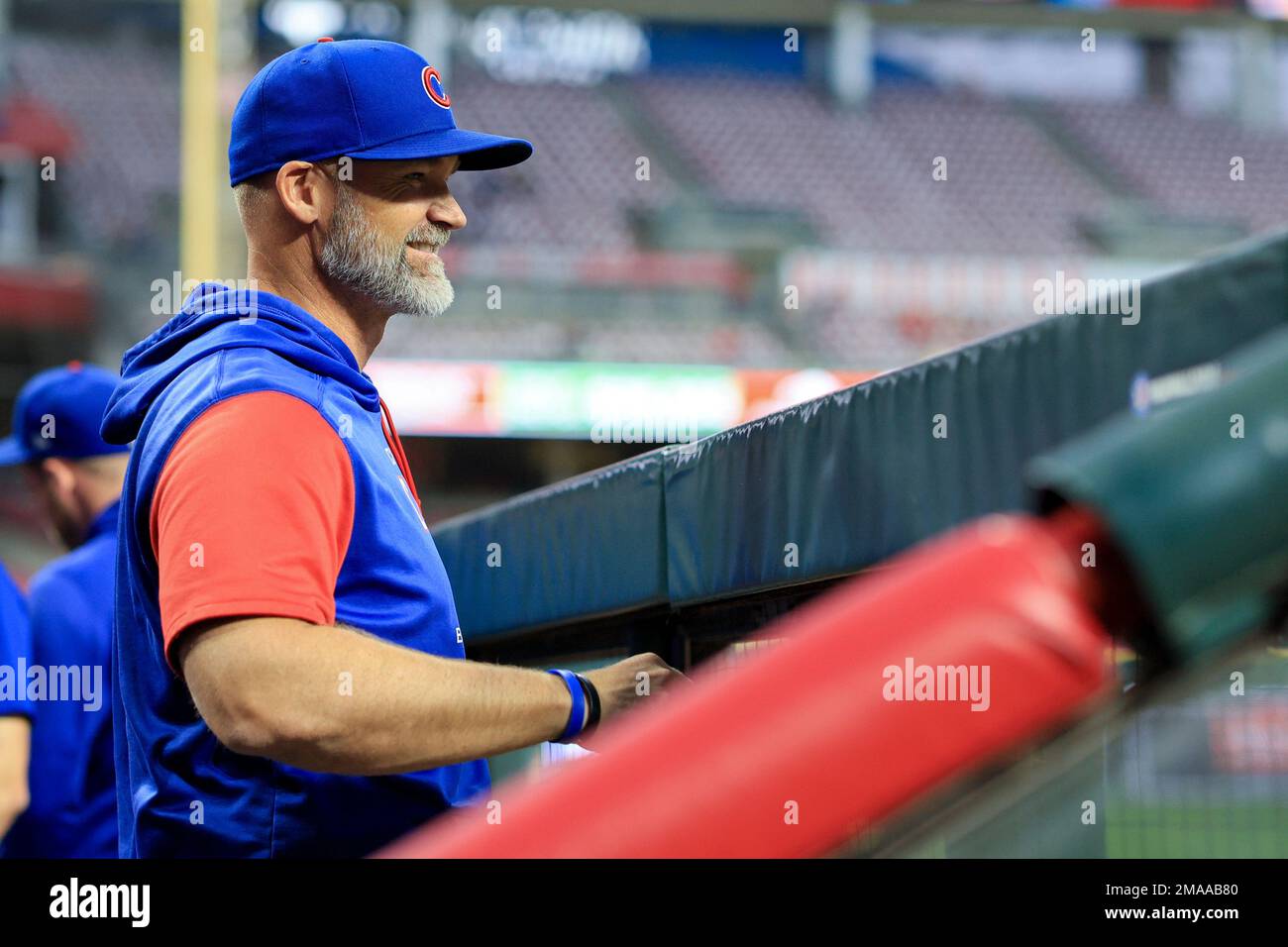 Chicago Cubs' David Ross stands in the dugout during a baseball game ...