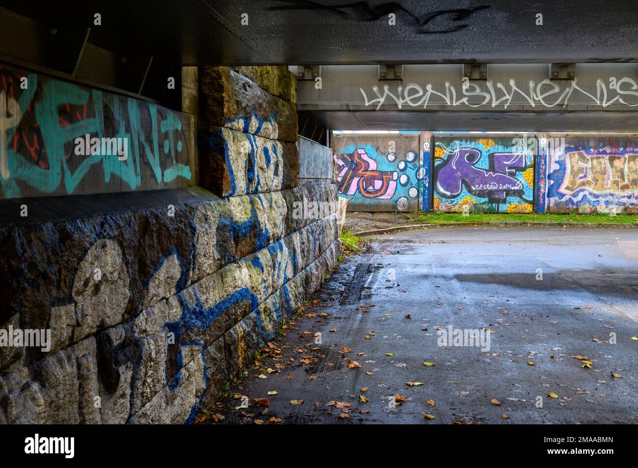 Graffiti tagging on walls at an underpass at Skarpsno, Oslo west ...