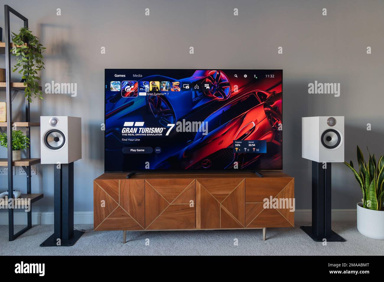 LONDON - JANUARY 06, 2023: PS5 PlayStation 5 games console on 4K TV in ...