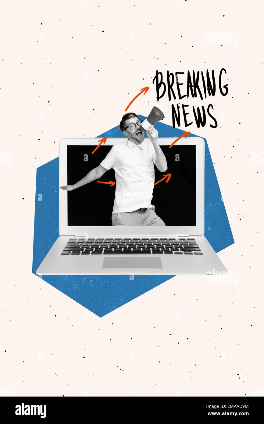 Vertical creative photo collage of man screaming breaking news in ...