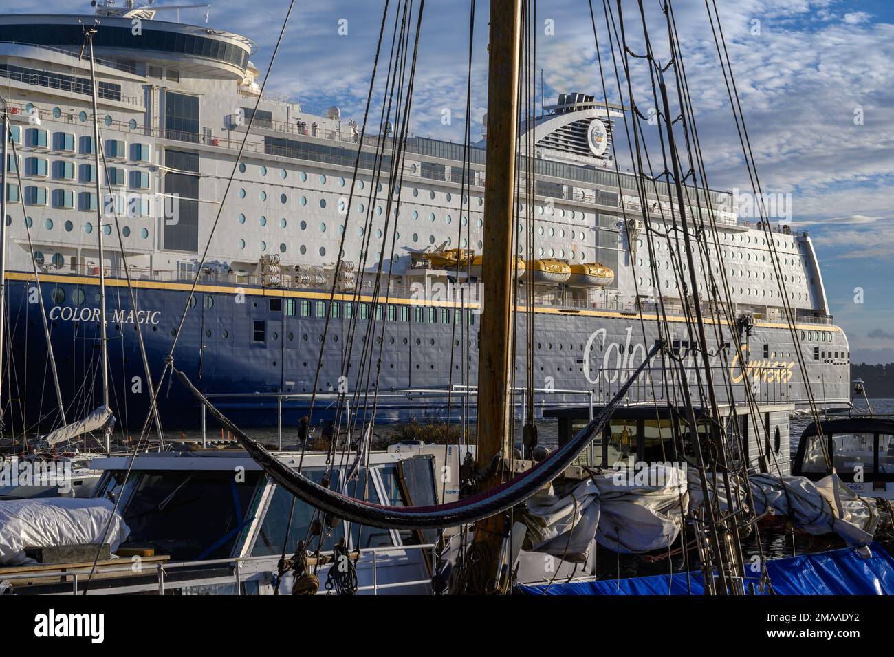 The huge Color Line ferry "Magic Color" seen through mast and ropes of ...