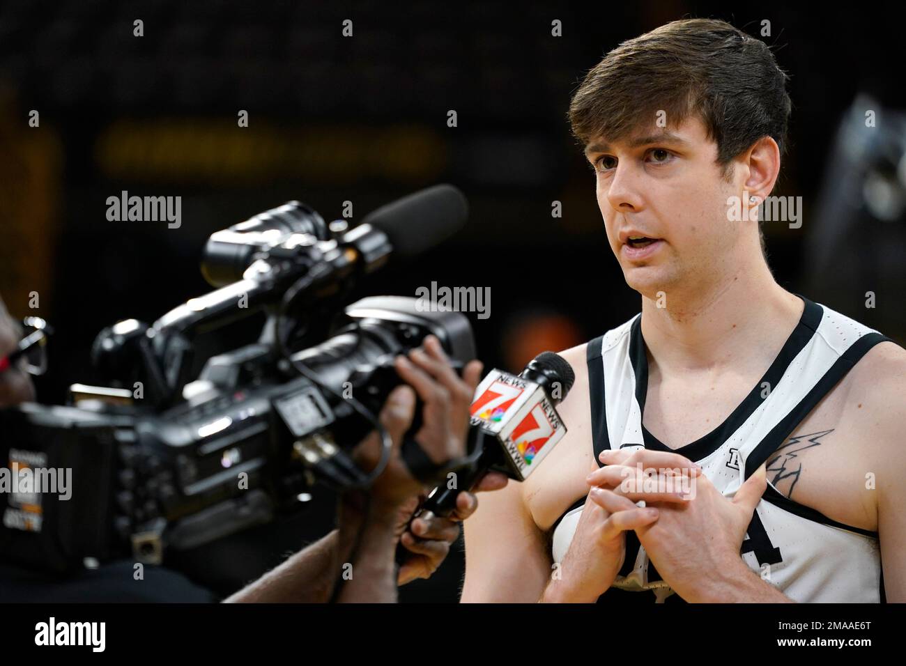 Iowa forward Patrick McCaffery is interviewed during Iowa's NCAA ...