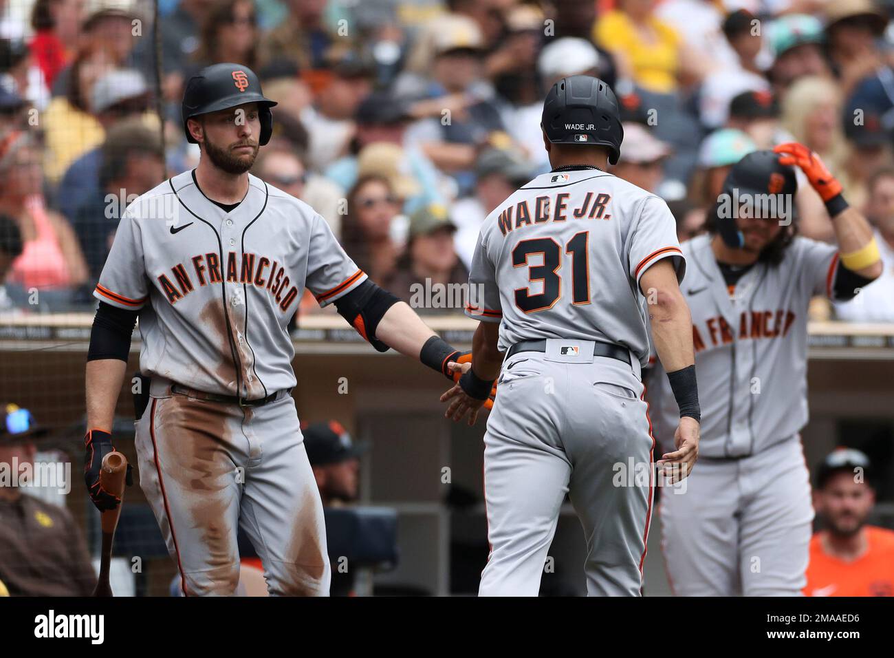 San Francisco Giants' Austin Slater, left, congratulates LaMonte Wade ...