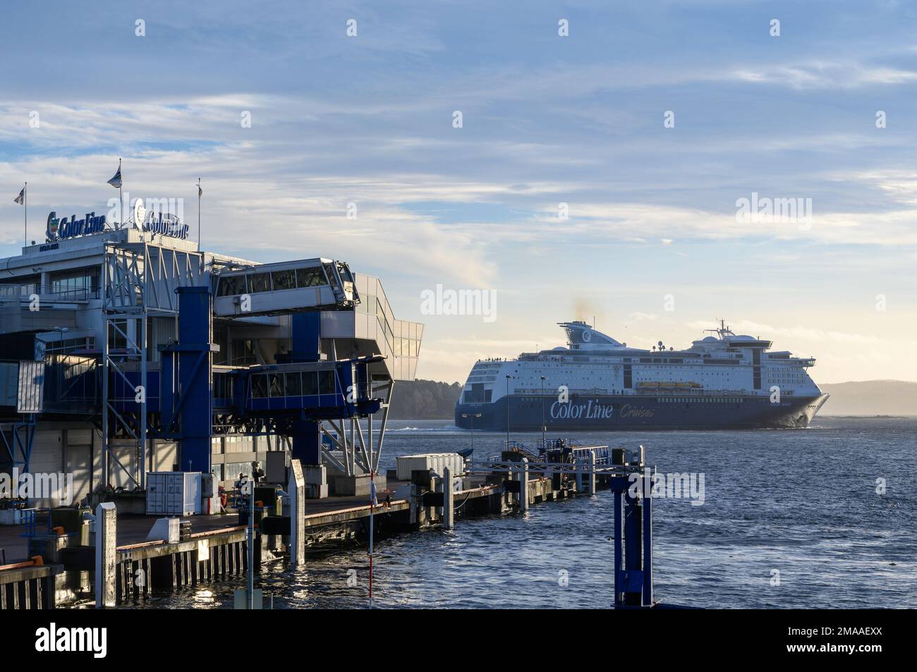 The ferry "Magic Color" of Color Line Cruises sailing out from Hjortnes ...