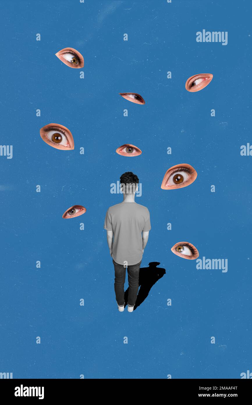 Strange unusual graphics collage of rear standing guy under many eyes ...