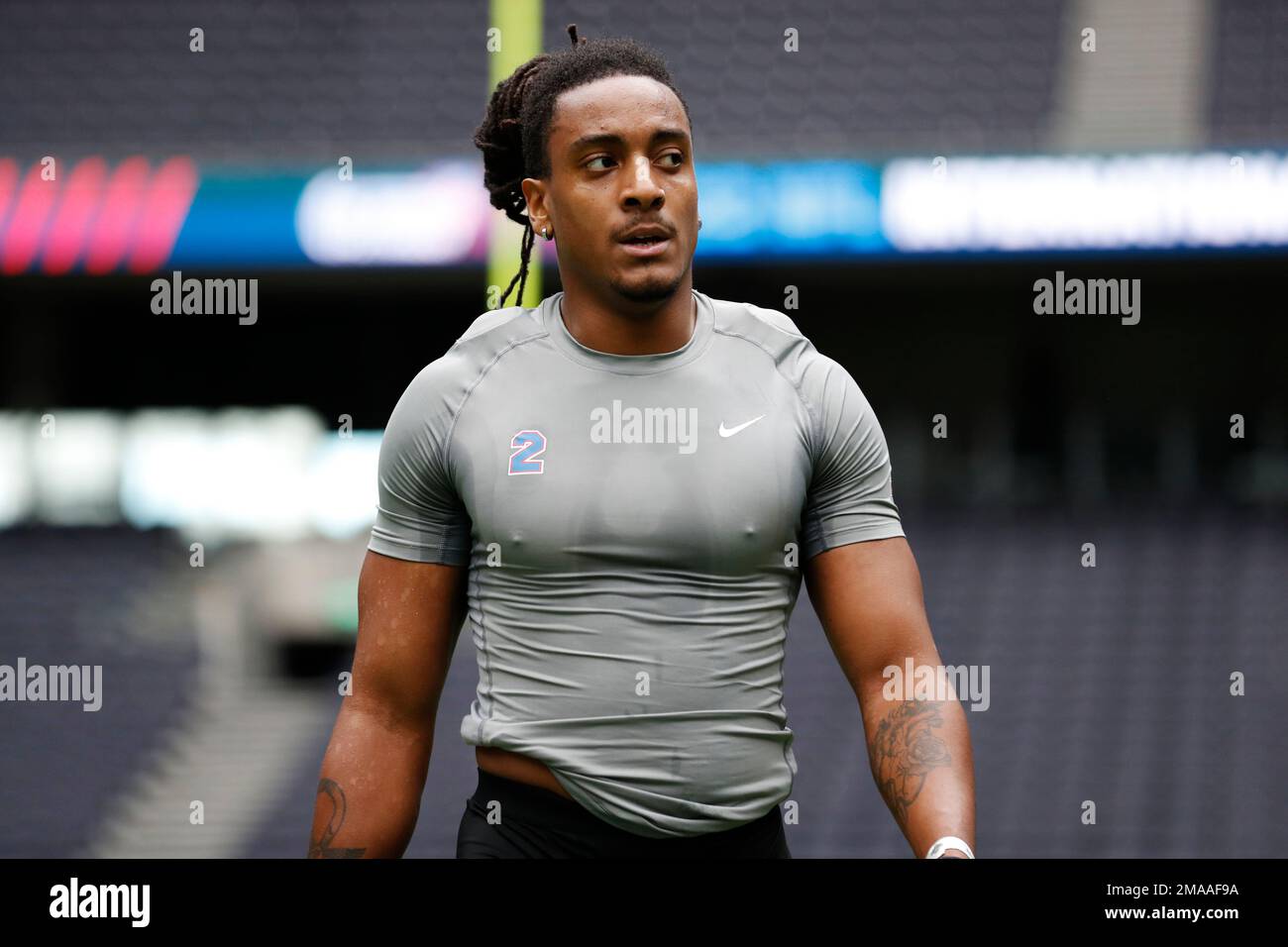 Defensive back Kevin Fortes, of France, participates in a drill at the ...
