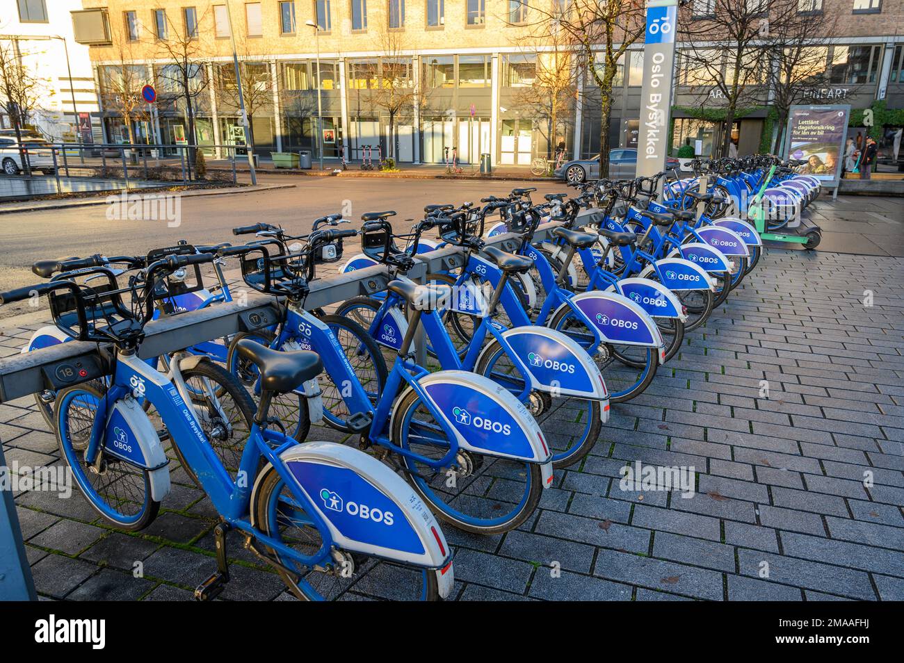 City bikes parked in a row at Tjuvholmen, Aker Brygge, Oslo, Norway ...
