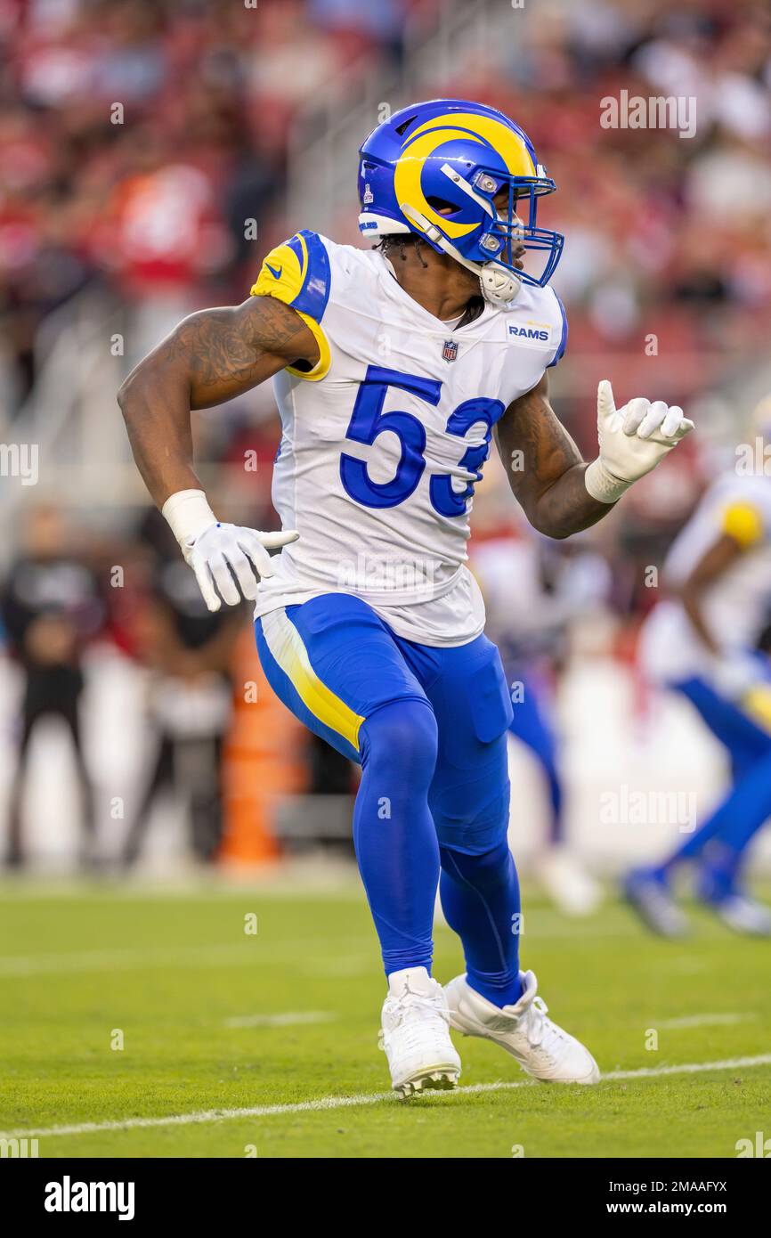 Linebacker (53) Ernest Jones of the Los Angeles Rams against the San ...