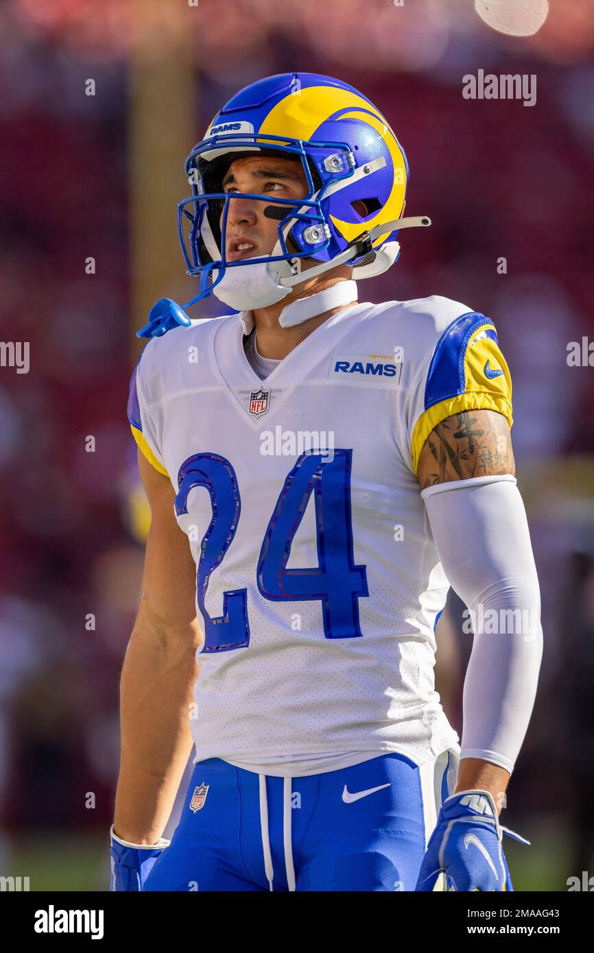 Safety (24) Taylor Rapp of the Los Angeles Rams warms up before playing ...