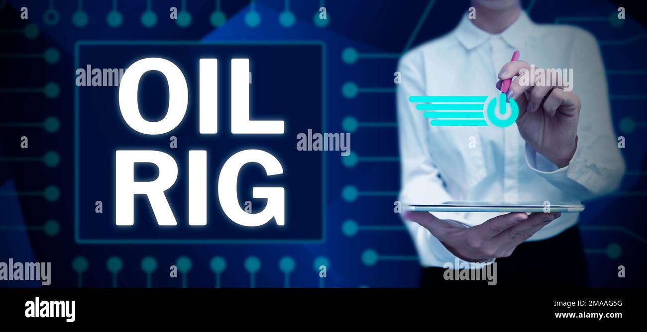 Hand writing sign Oil Rig. Business concept large structure with ...