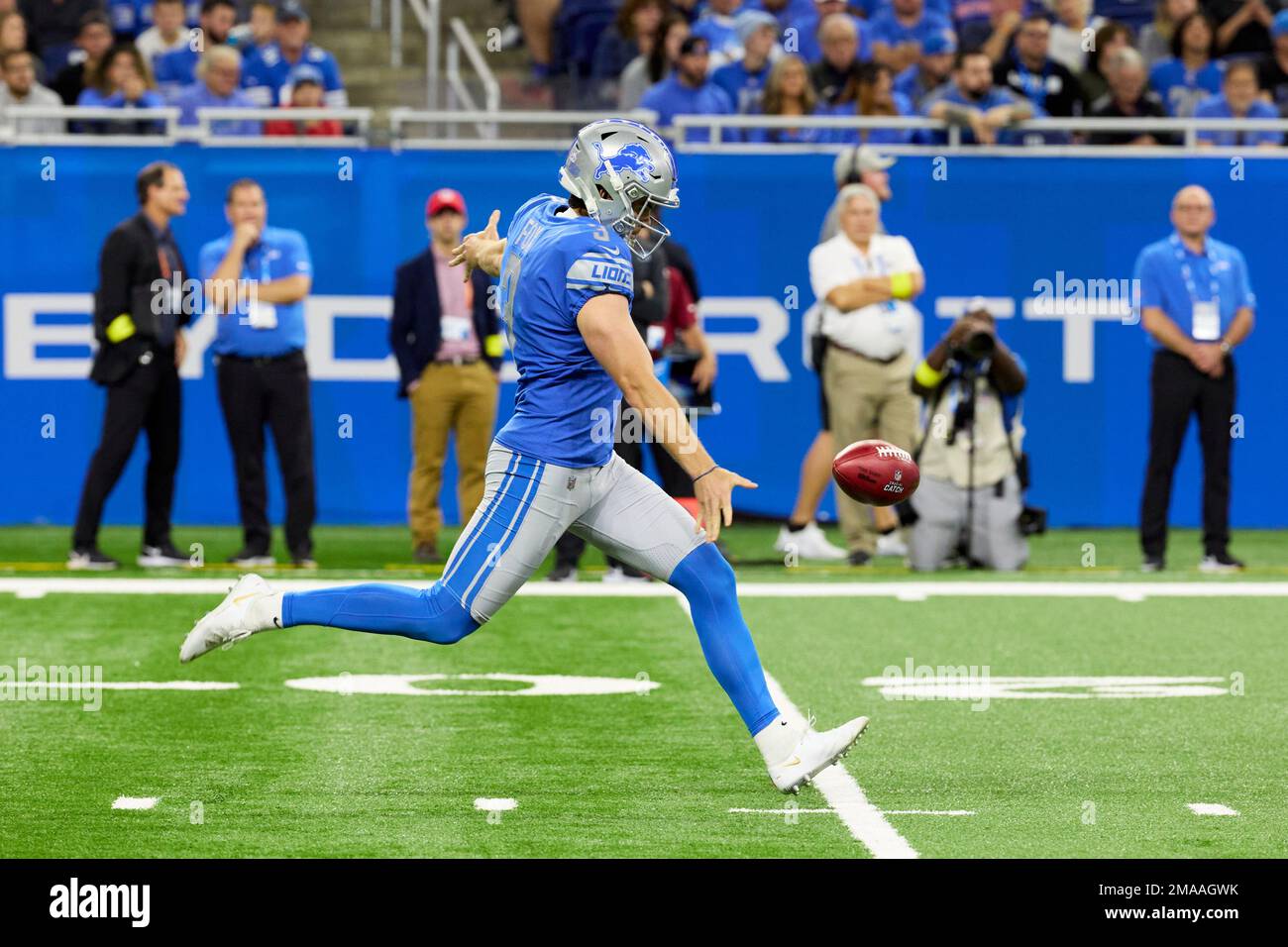 Detroit Lions punter Jack Fox (3) punts against the Seattle Seahawks ...