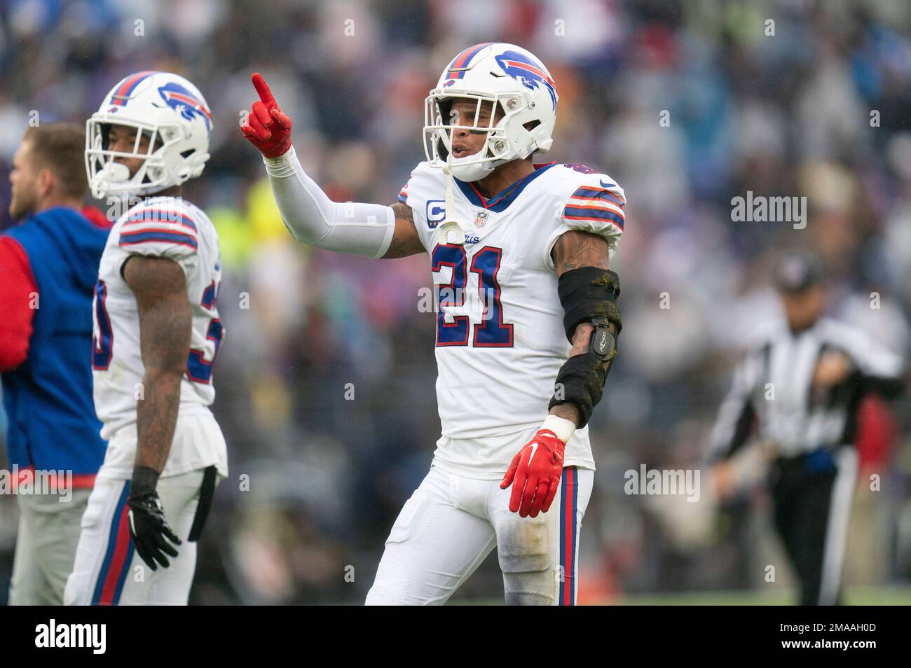 Buffalo Bills safety Jordan Poyer (21) gestures during the first half ...