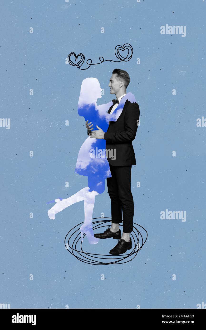 Surreal creative picture magazine collage of happy fiancee man dance ...