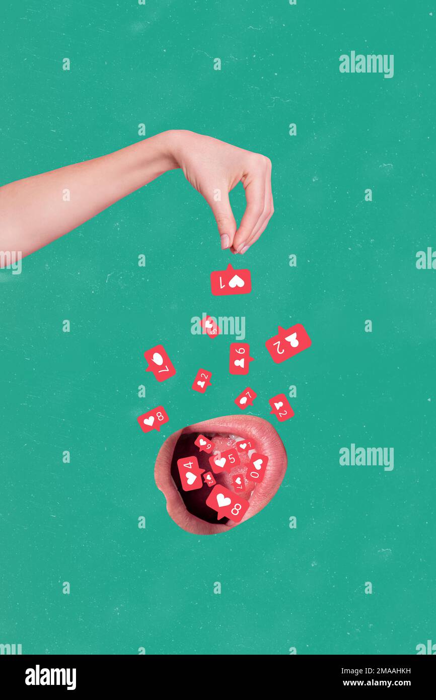 Bizarre template 3d collage of hand feeding open mouth many like ...