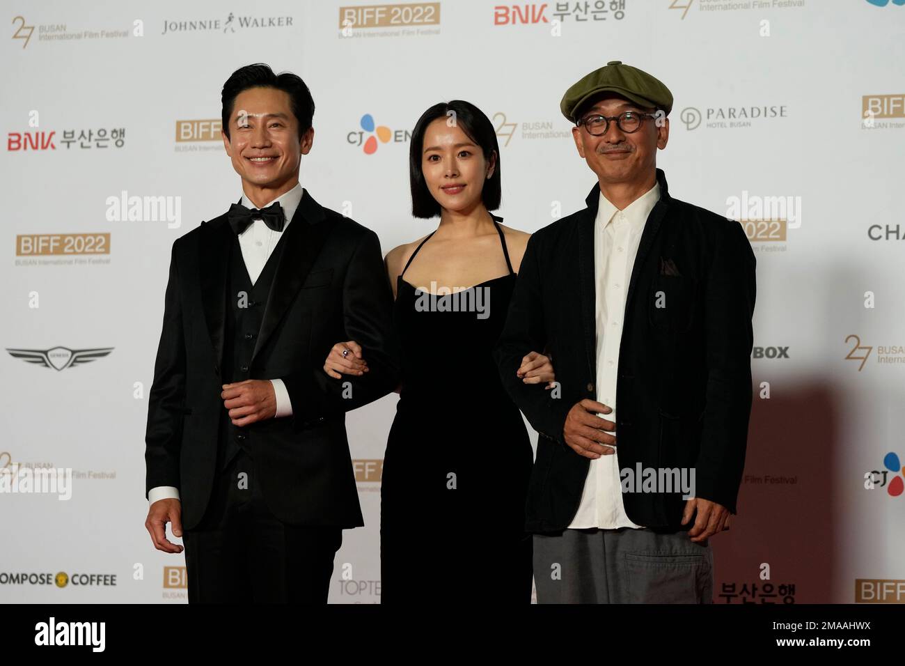 From left; South Korean actor Shin Ha-kyun, actress Han Ji-min and director Lee Joon-ik pose as ...