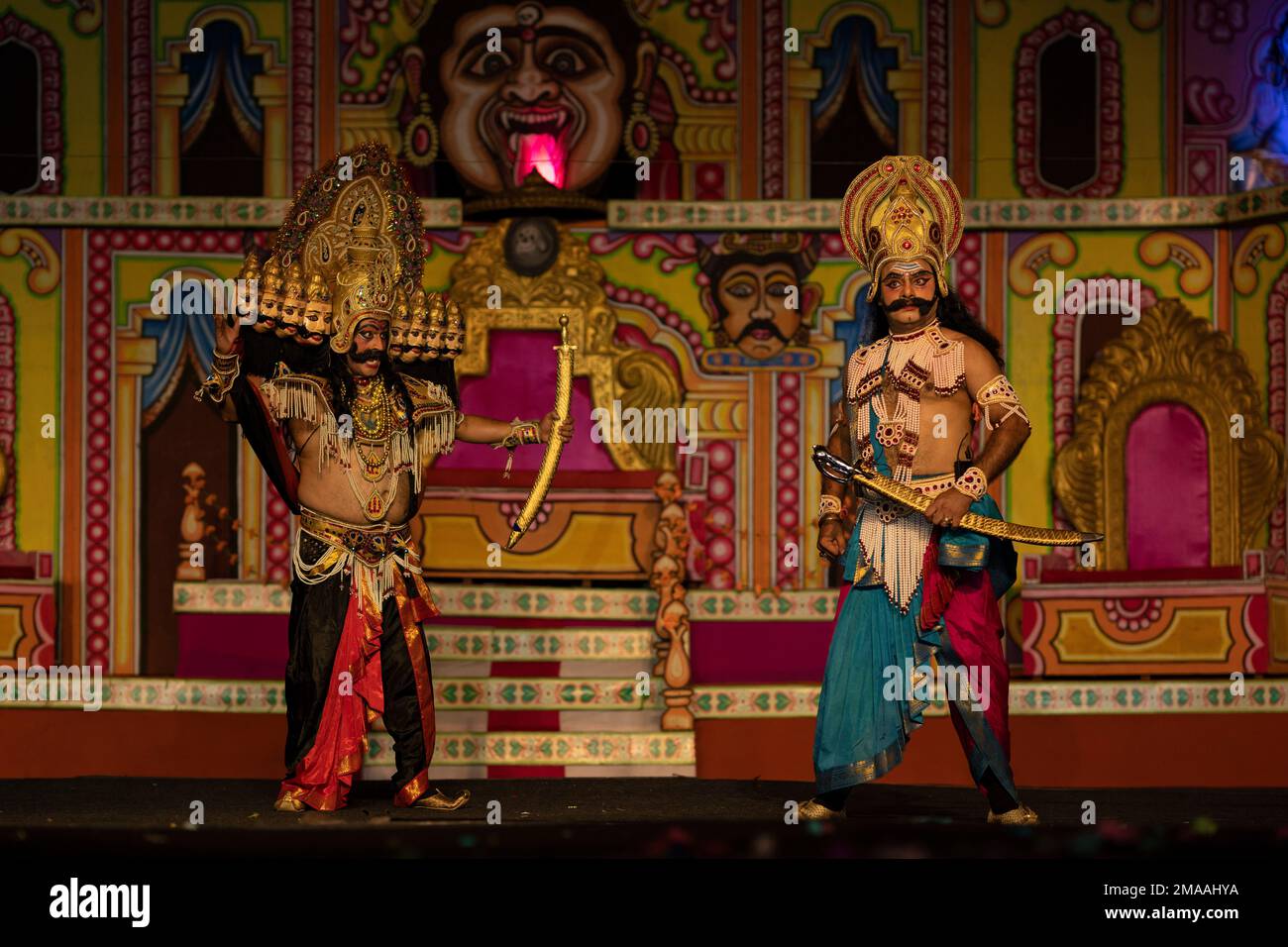 Artists perform a traditional Ramleela drama to celebrate the festival ...