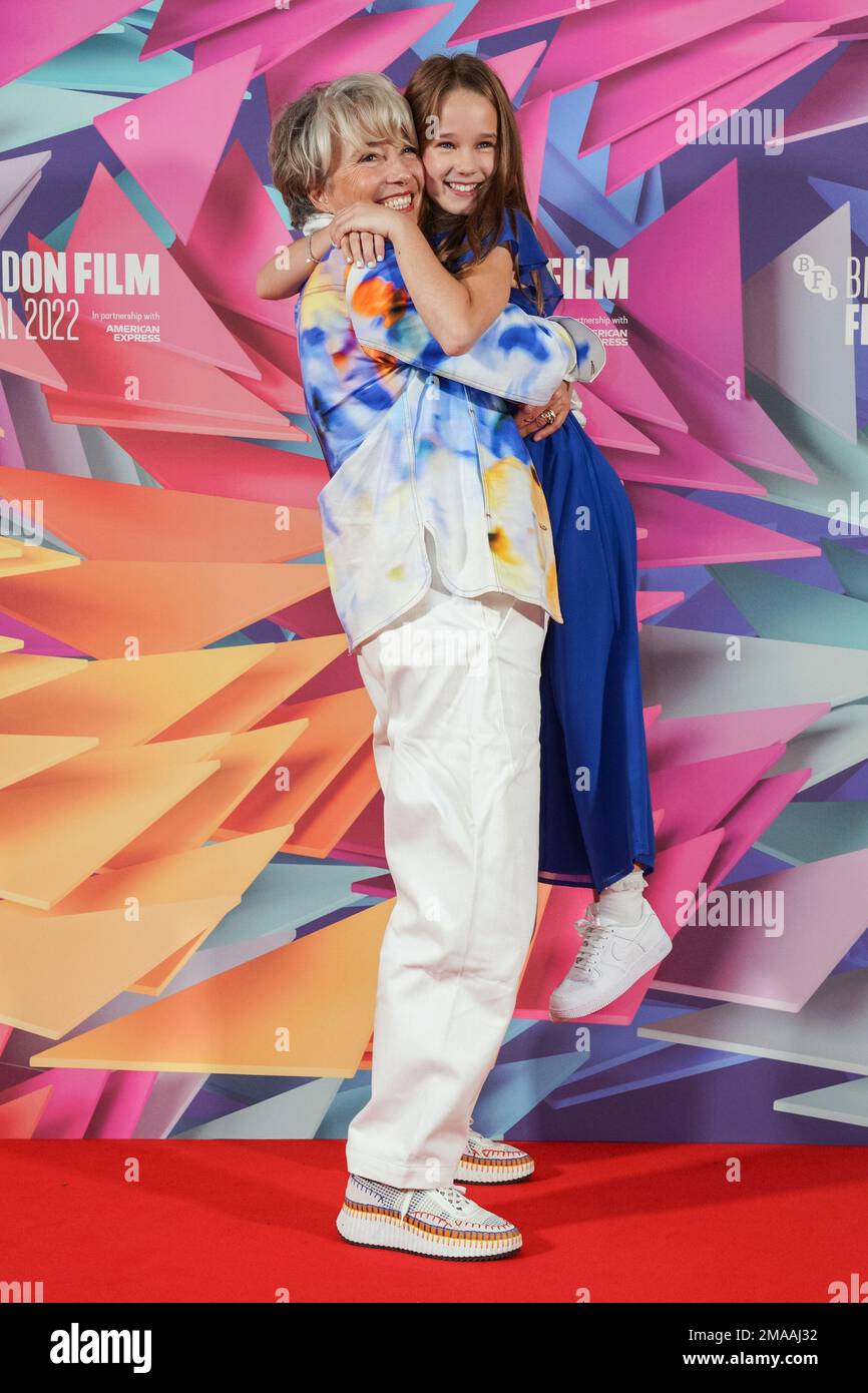 Emma Thompson, left, and Alisha Weir pose for photographers at the ...